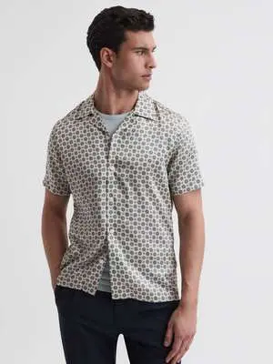 REISS Pedro Printed Cuban Collar Shirt - Grey