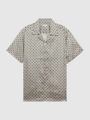 REISS Pedro Printed Cuban Collar Shirt - Grey