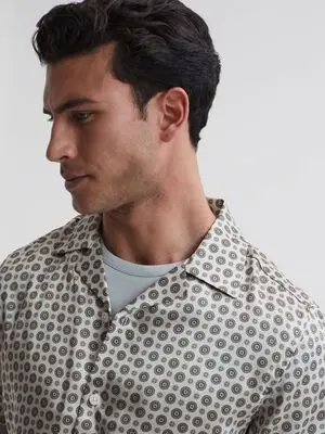 REISS Pedro Printed Cuban Collar Shirt - Grey
