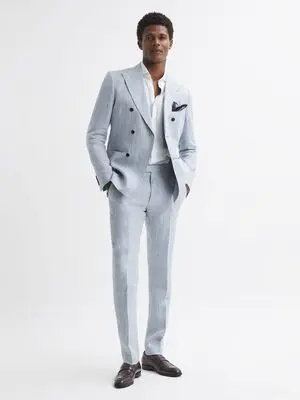 REISS Lagoon Slim Fit Linen Trousers - Soft Blue