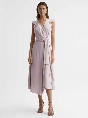 REISS Willow Wrap Tie Midi Dress
