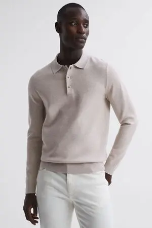 REISS Sharp Long Sleeve Polo Shirt Beige