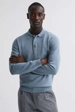 REISS Sharp Long Sleeve Polo Shirt Blue Melange