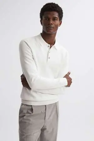 REISS Sharp Long Sleeve Polo Shirt Ecru