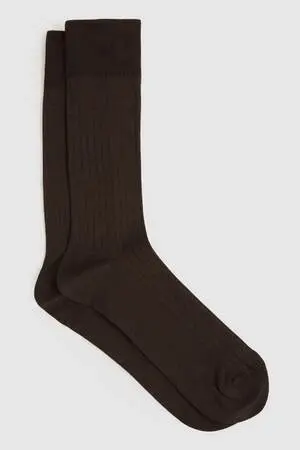 REISS Fela Cotton-Blend Ribbed Socks Chocolate