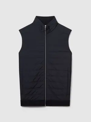 REISS William Hybrid Quilt And Knit Zip-through Gilet - Navy