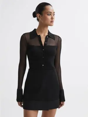 REISS Nelly Sheer Knitted Button-through Top