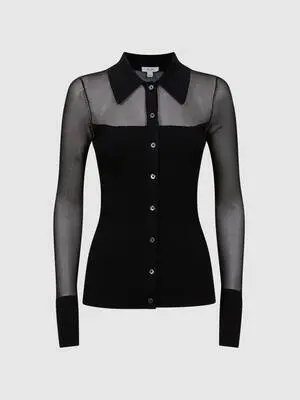 REISS Nelly Sheer Knitted Button-through Top