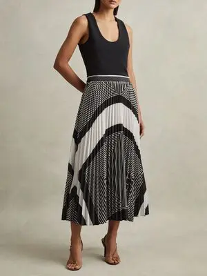 REISS Gabi Printed Pleated Midi Skirt