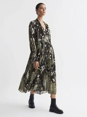 REISS Lottie Floral Print Tie Neck Midi Dress