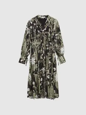 REISS Lottie Floral Print Tie Neck Midi Dress