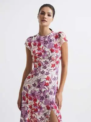 REISS Livia Printed Midi Dress With Cut Out Back
