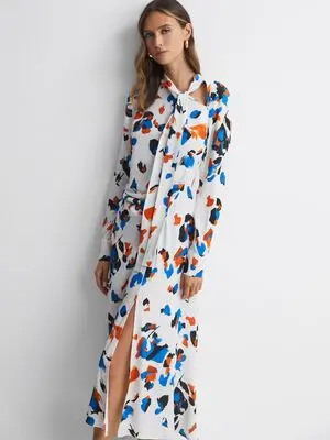 REISS Niyah Printed Tie Neck Midi Dress
