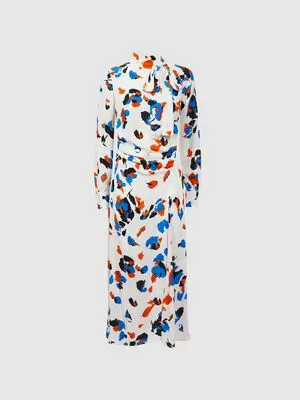 REISS Niyah Printed Tie Neck Midi Dress
