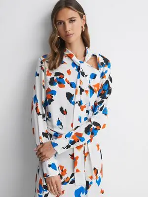 REISS Niyah Printed Tie Neck Midi Dress