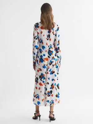 REISS Niyah Printed Tie Neck Midi Dress