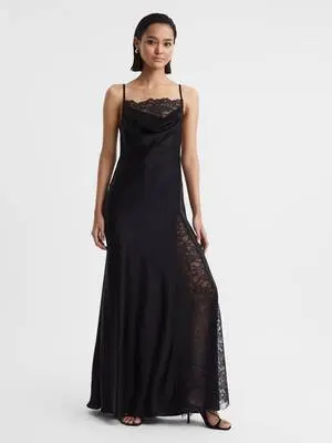 Anna Quan Satin Lace Cowl Neck Maxi Dress