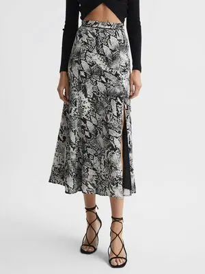 REISS Katia Printed Slip Midi Skirt