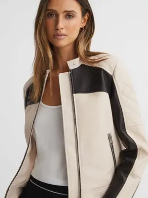 REISS Adelaide Leather Collarless Quilted Jacket