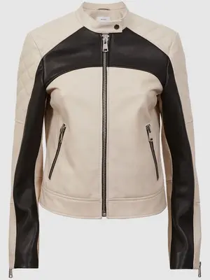 REISS Adelaide Leather Collarless Quilted Jacket