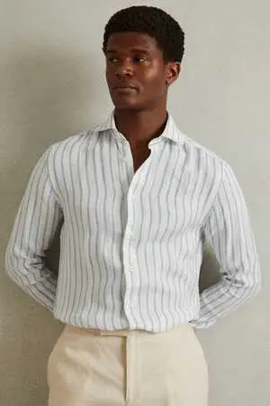 REISS Ruban Linen Cutaway-collar Regular-fit Shirt Blue
