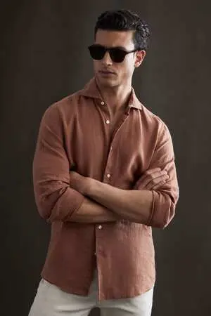 REISS Ruban Linen Cutaway-collar Regular-fit Shirt Sienna