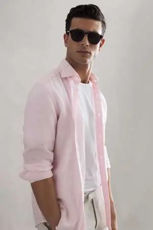 REISS Ruban Linen Cutaway-collar Regular-fit Shirt Soft Pink