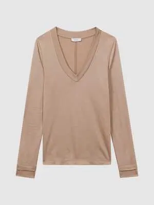 REISS Brady Jersey V-neck Top - Camel