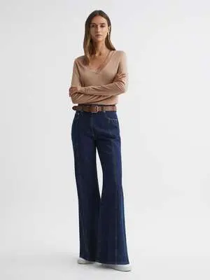 REISS Brady Jersey V-neck Top - Camel