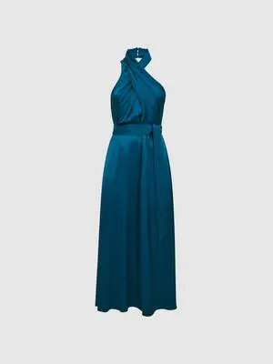 REISS Vida Satin Halter Neck Fitted Midi Dress
