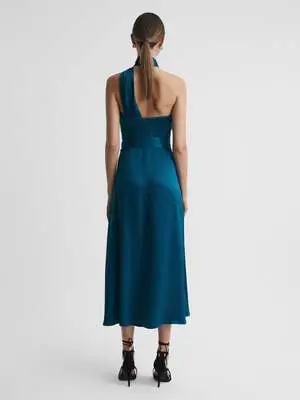 REISS Vida Satin Halter Neck Fitted Midi Dress