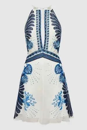 REISS Brianna Printed Halter Neck Mini Dress