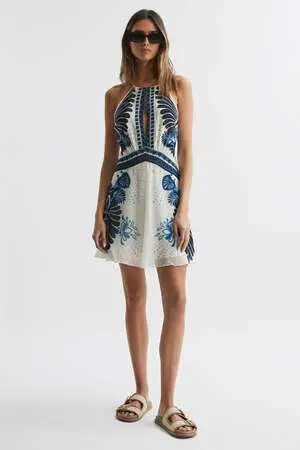 REISS Brianna Printed Halter Neck Mini Dress