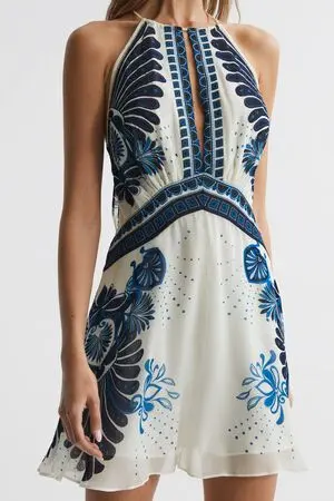 REISS Brianna Printed Halter Neck Mini Dress