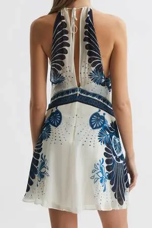 REISS Brianna Printed Halter Neck Mini Dress