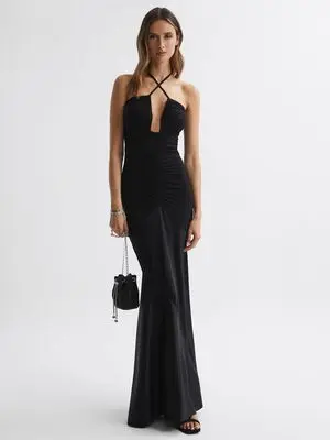 REISS Thalia Fitted Plunge Neck Satin Maxi Dress