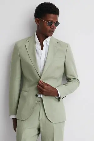 REISS Kin Tailored Fit Single-breasted Linen Blazer Green