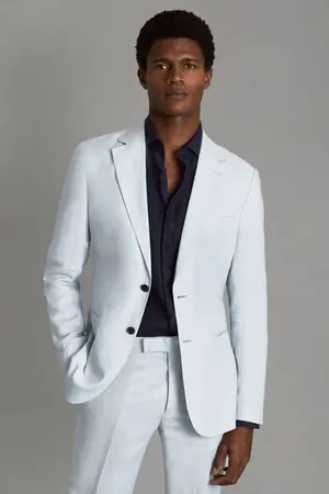 REISS Kin Tailored Fit Single-breasted Linen Blazer Soft Blue