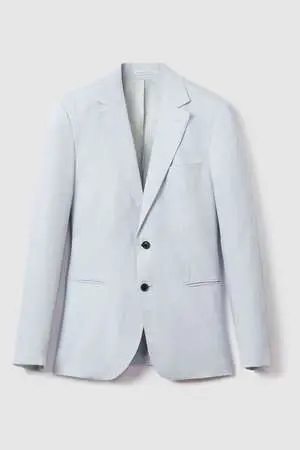 REISS Kin Tailored Fit Single-breasted Linen Blazer - Soft Blue