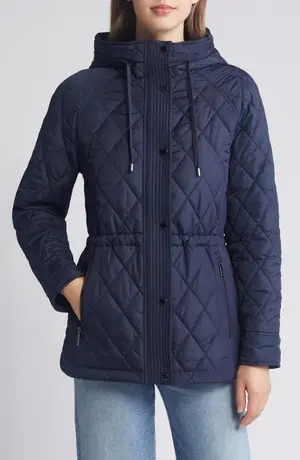 Michael Kors Water Resistant Diamond Quilted Hooded Jacket Midnight