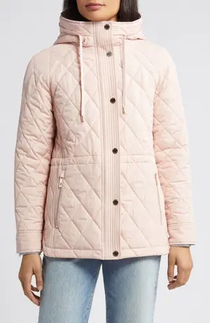Michael Kors Water Resistant Diamond Quilted Hooded Jacket - Rosewater