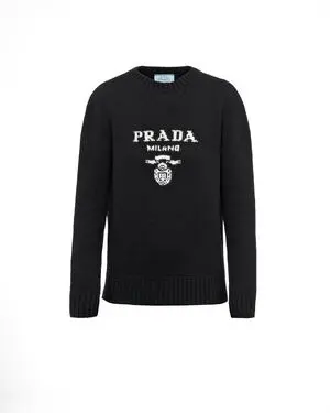 Prada Cashmere And Wool Crew-neck Sweater With Intarsia Logo - Black