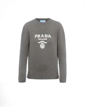 Prada Cashmere And Wool Crew-neck Sweater With Intarsia Logo - Grey