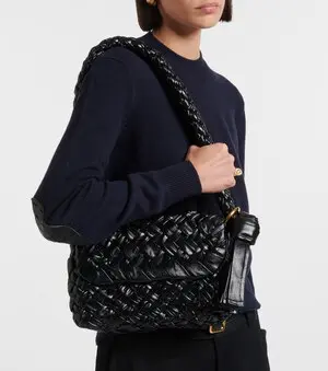 Bottega Veneta Kalimero Citta Intreccio Leather Shoulder Bag - Black