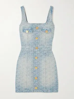 Balmain Button-embellished Denim Jacquard Mini Dress