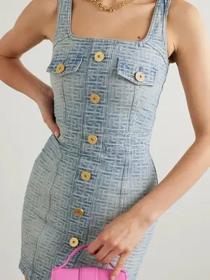 Balmain Button-embellished Denim Jacquard Mini Dress