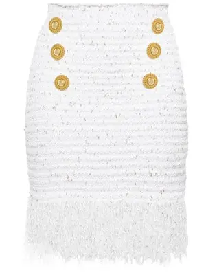 Balmain 6-button Fringed Tweed Skirt - White