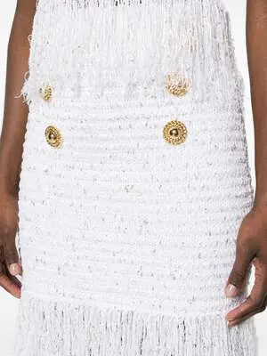 Balmain 6-button Fringed Tweed Skirt - White
