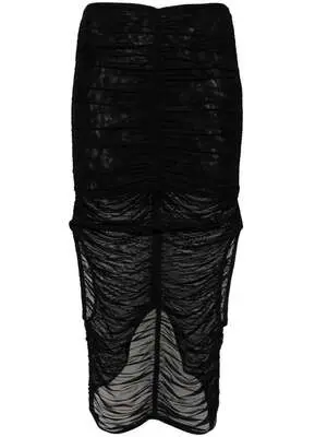 MUGLER Draped Mesh Midi Skirt - Black