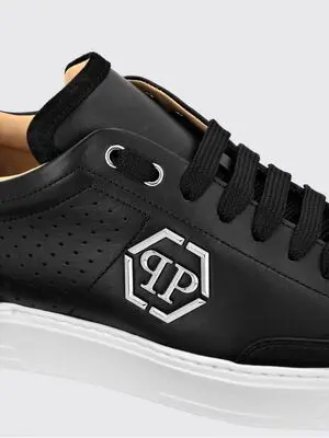 Philipp Plein Leather Low-top Sneakers With Monogram Pattern And Hexagon Logo - Black